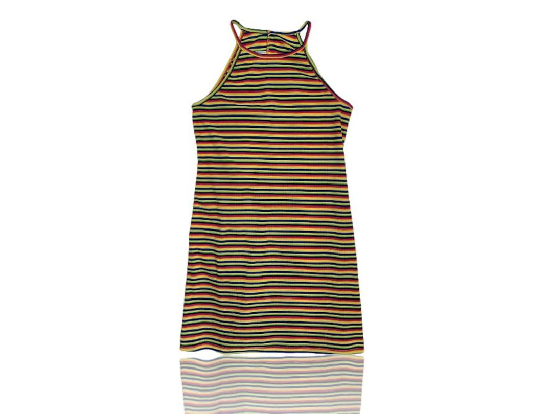 90s Bright Rainbow Striped Mini Dress // High Neck Halter // Size ...