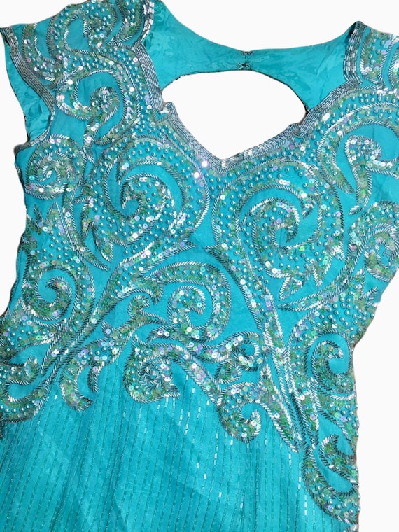80s Aqua Turquoise Beaded Sequined Bodycon Dress / M… - Gem