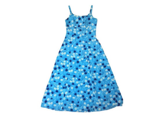 90s Bright Aqua Daisy Floral Casual Midi Dress Y2K //… - Gem