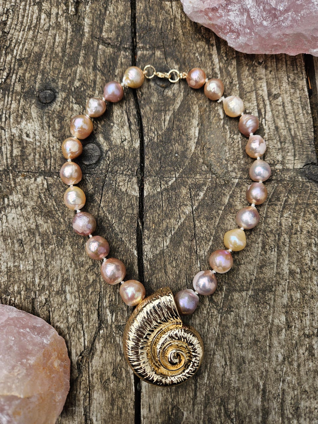 Golden Pink Pearl and Golden Ammonite Necklace - Etsy