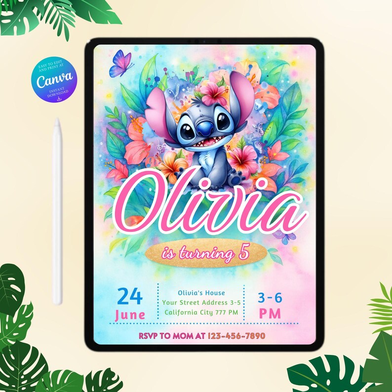 Editable Stitch Birthday Invitation | Canva Birthday Party Template ...