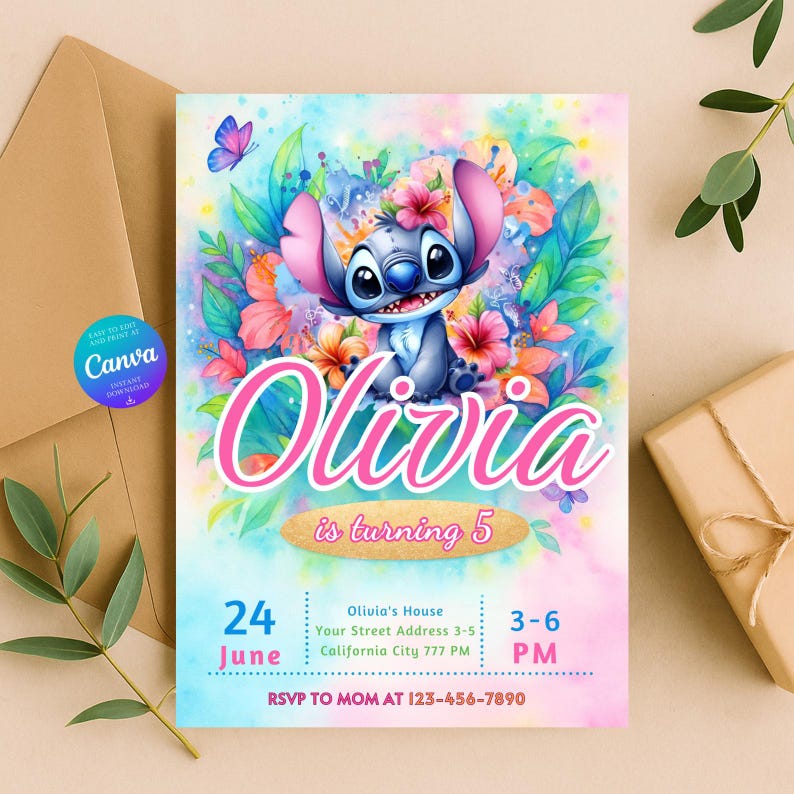 Editable Stitch Birthday Invitation | Canva Birthday Party Template ...