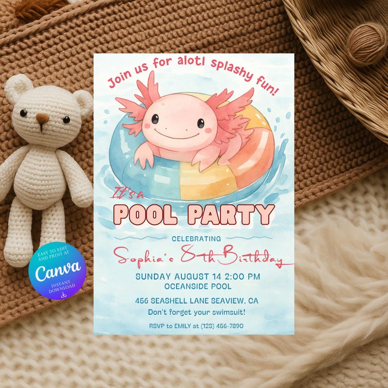 Editable Axolotl Pool Party Invitation for Girls, Pink Swimming ...