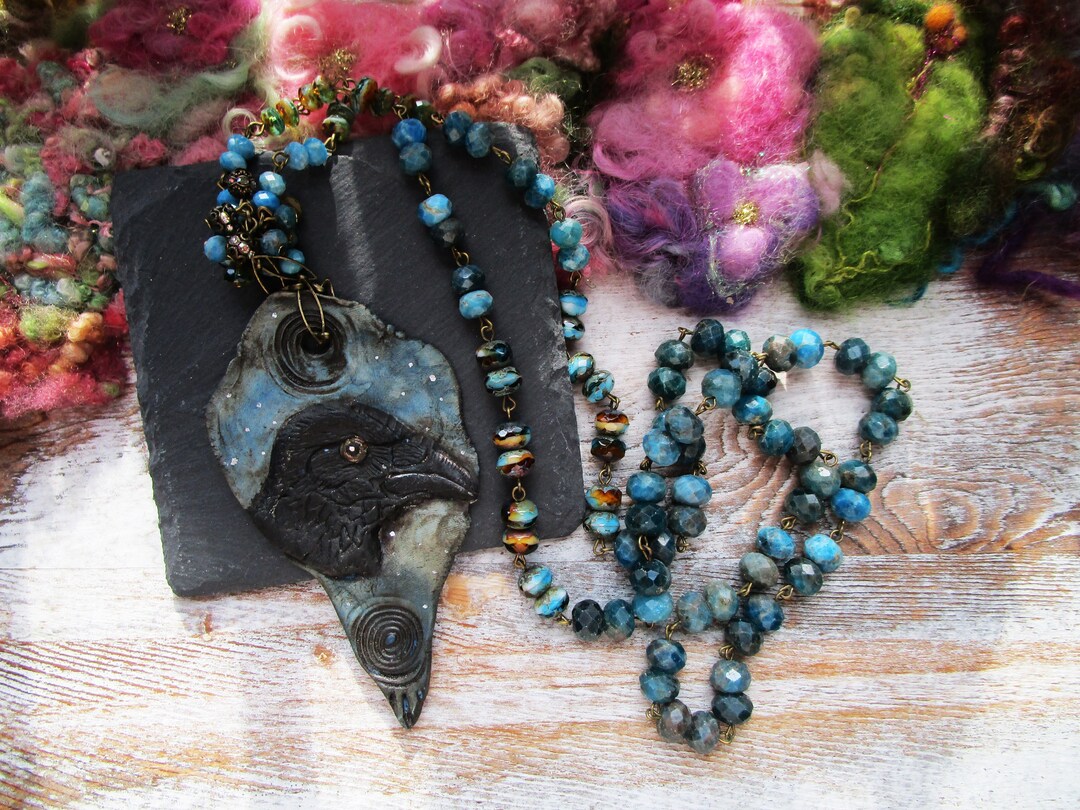 Necklace, Porcelain Amulet, Raven, Handmade, Rustic, Starry Night ...