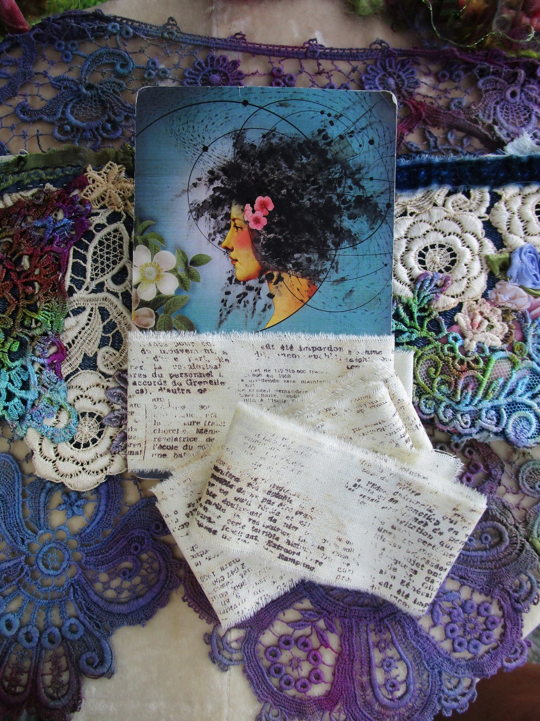 Ribbons, Distressed Print, Vintage Style, per 1, Handmade, Trim, Hand ...