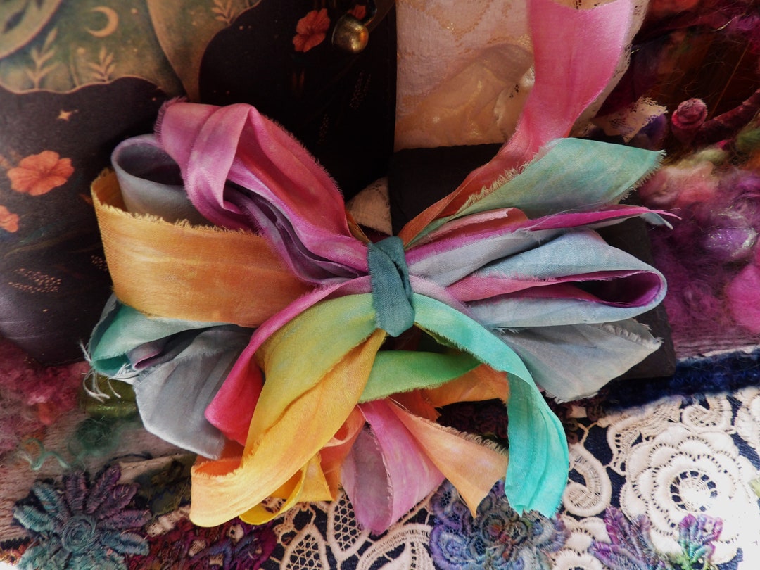 Ribbon, Precut, Set of 5, Hand Dyed, Recycled Sari Silk Ribbon, Craft ...