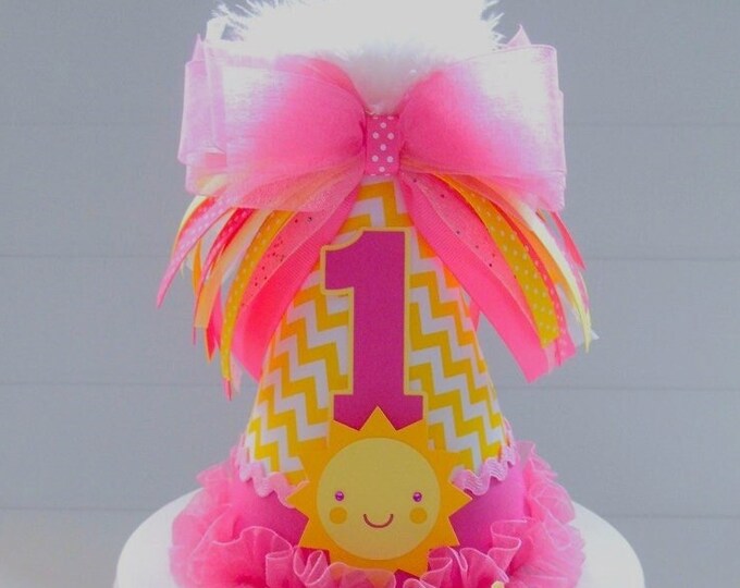 Candy Pink Sunshine Birthday Party Hat, Candy Pink and Yellow Chevron ...