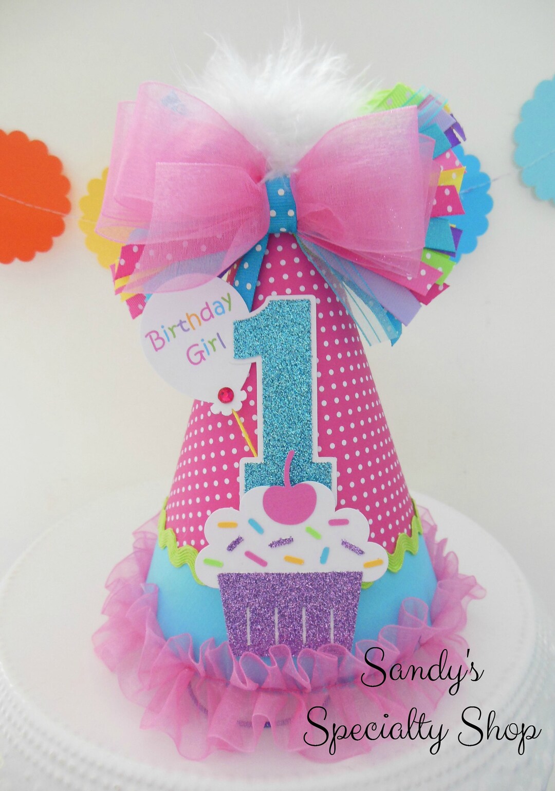 Cupcake Birthday Party Hat, Hot Pink, Purple and Aqua Birthday Party ...