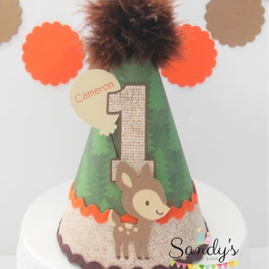 Deer Woodland Birthday Party Hat, Forest Trees, Burlap, Orange and ...