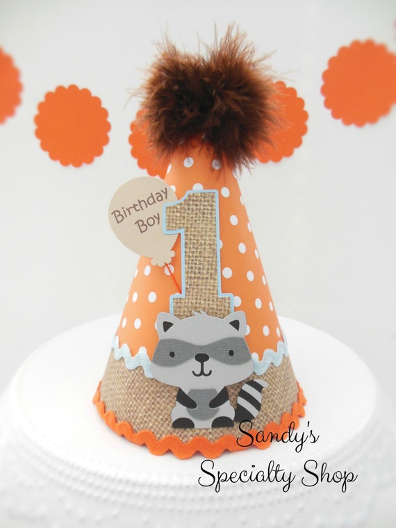 Raccoon Party Hat, Woodland Party Hat, Woodland Animals, Orange Polka ...