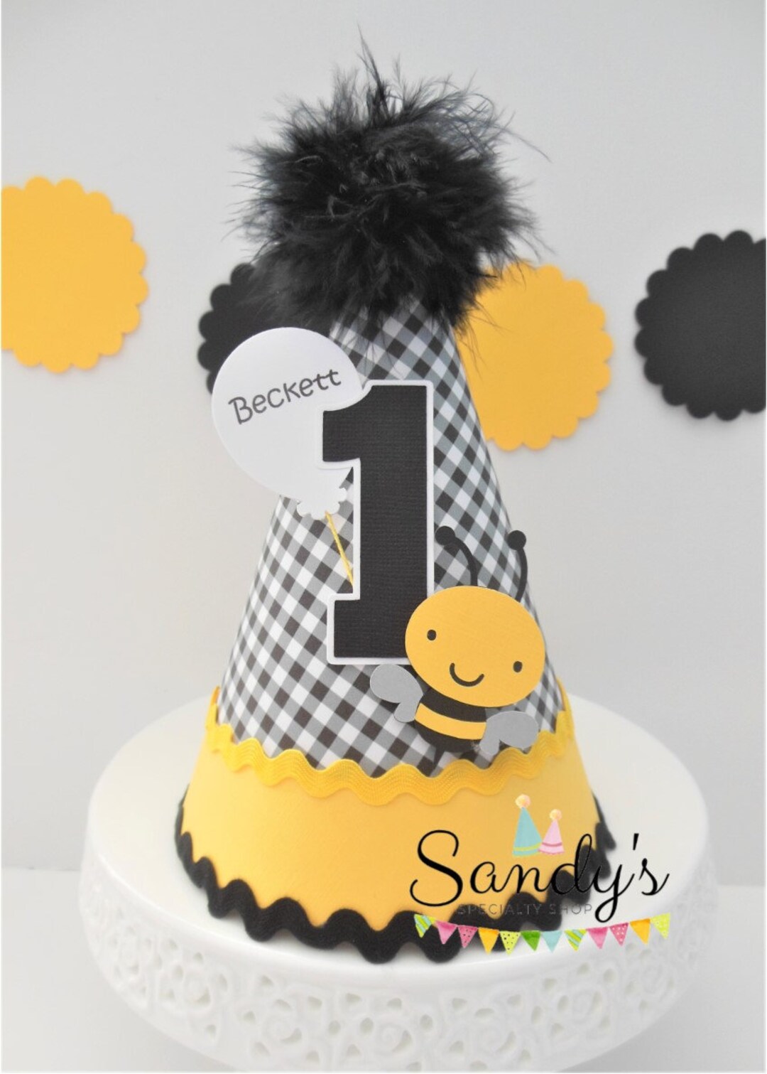 Bee Party Hat, Bee Birthday Hat, Bee Day, Gingham, Black, Yellow, Grey ...