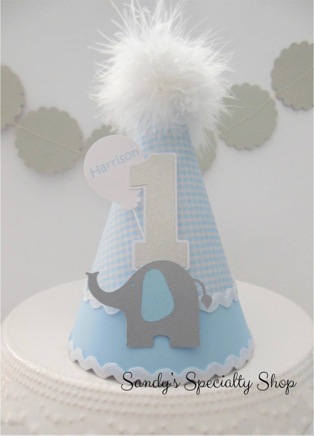 Elephant Birthday Party Hat, Elephant Party, Baby Blue Gingham, Baby ...