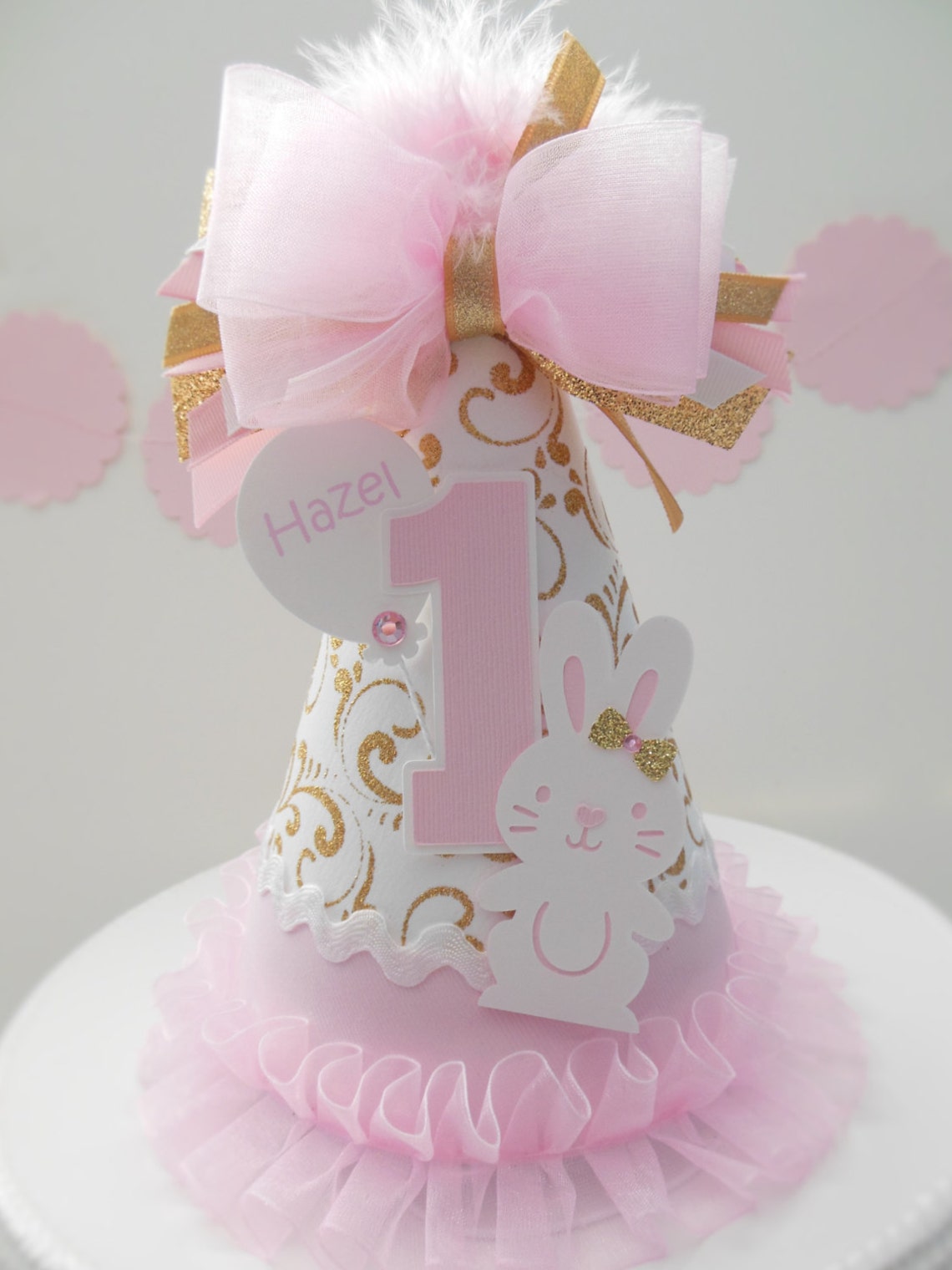 Bunny Birthday Party Hat Light Pink Glitter Gold and White - Etsy
