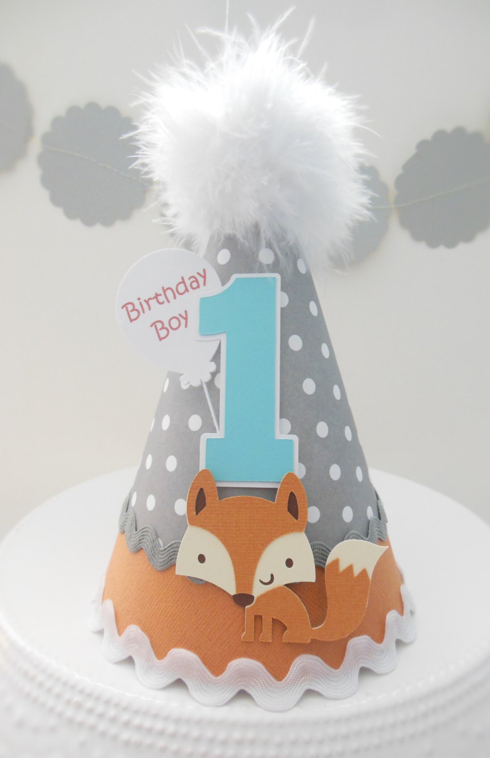 Fox Party Hat Woodland Birthday Party Hat Grey Polka Dot - Etsy