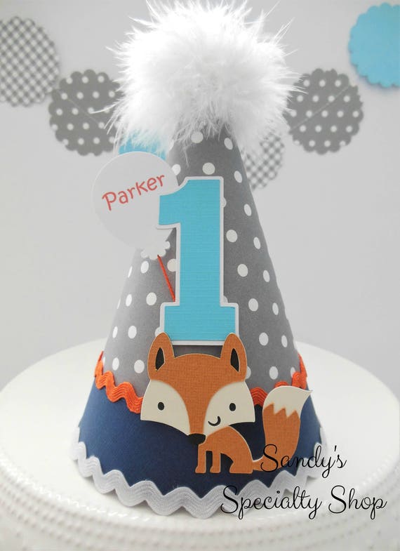 Fox Birthday Party Hat , Gray with White Polka Dot, Navy, Aqua and ...