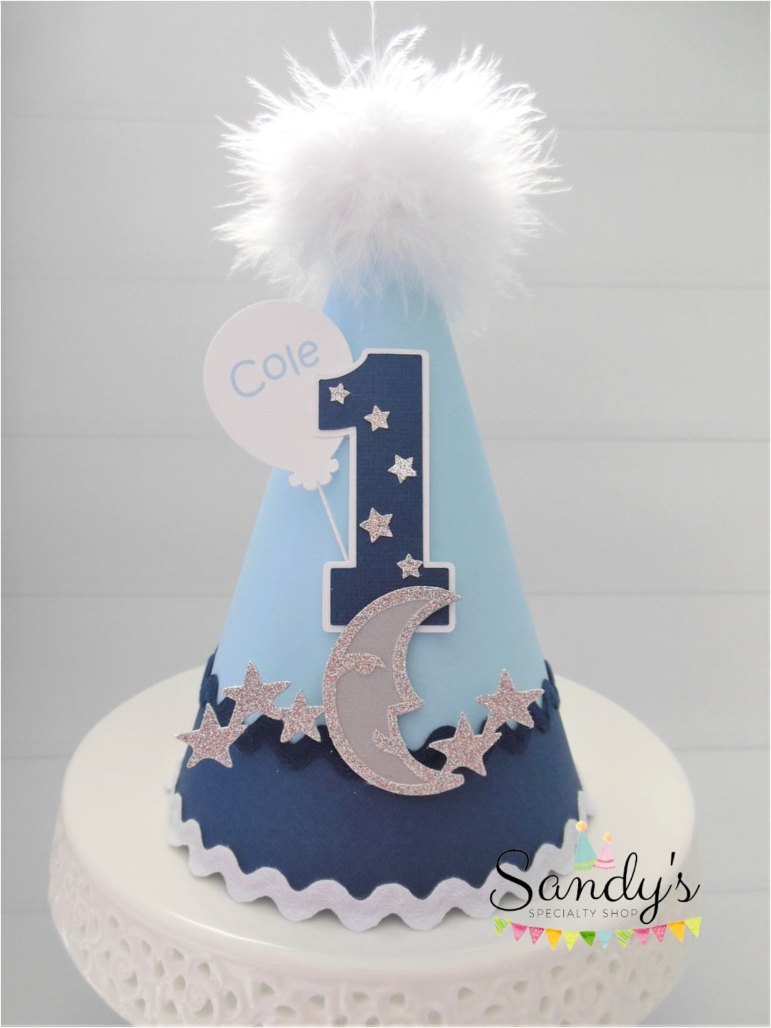 Moon and Stars Birthday Party Hat, Space Party, Silver, Light Blue ...