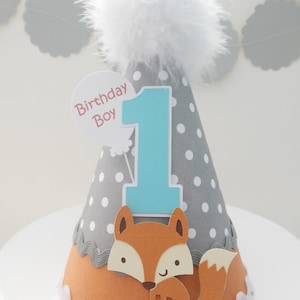Fox Party Hat, Woodland Birthday Party Hat, Grey Polka Dot, Rusty ...