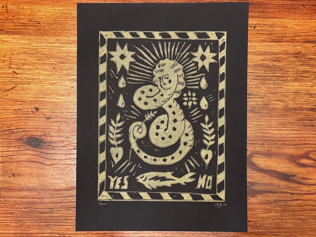 Original Signed Linocut Print | 9x12 | Folk Art | Tattoo Art | Lady Art ...