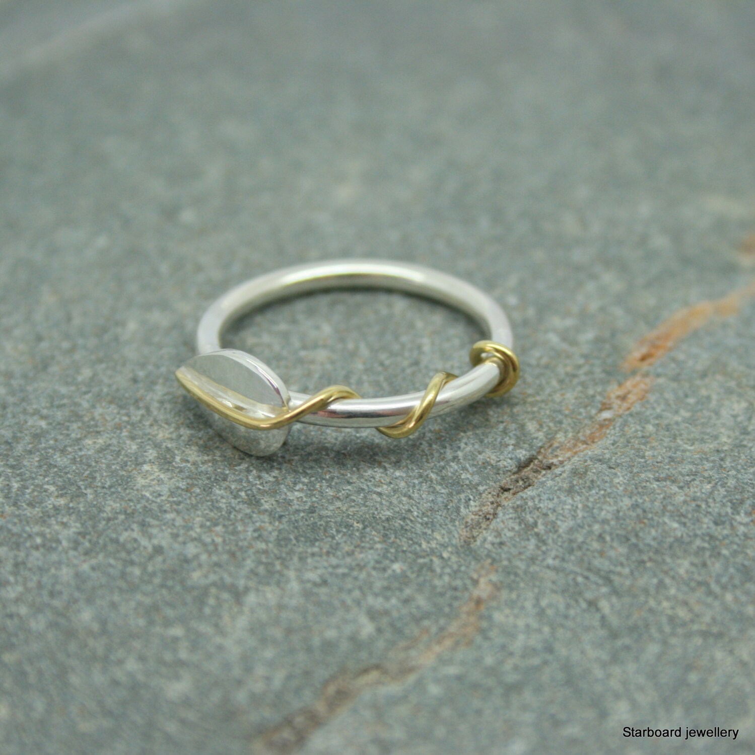 Sterling Silver Leaf Ring With Brass Detail, Silver Leaf Ring, Birthday ...