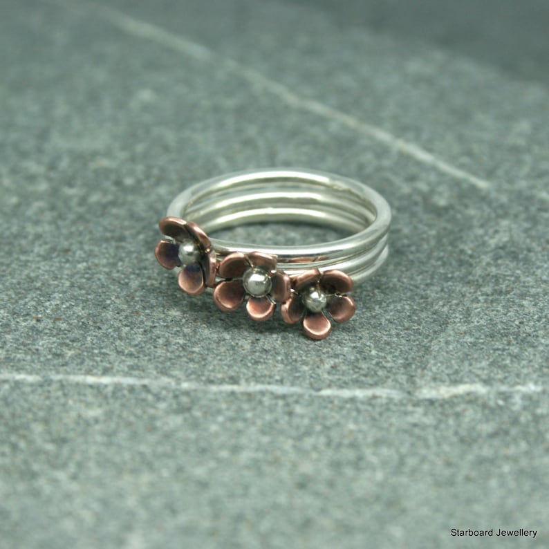 Sterling silver flower ring in mixed metals tiny mixed metal | Etsy