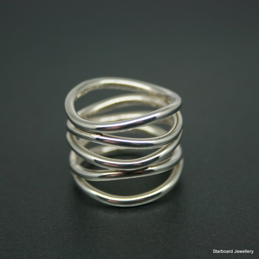 Sterling Silver Roller Coaster Ring, Silver Five Band Ring, Wide Silver ...
