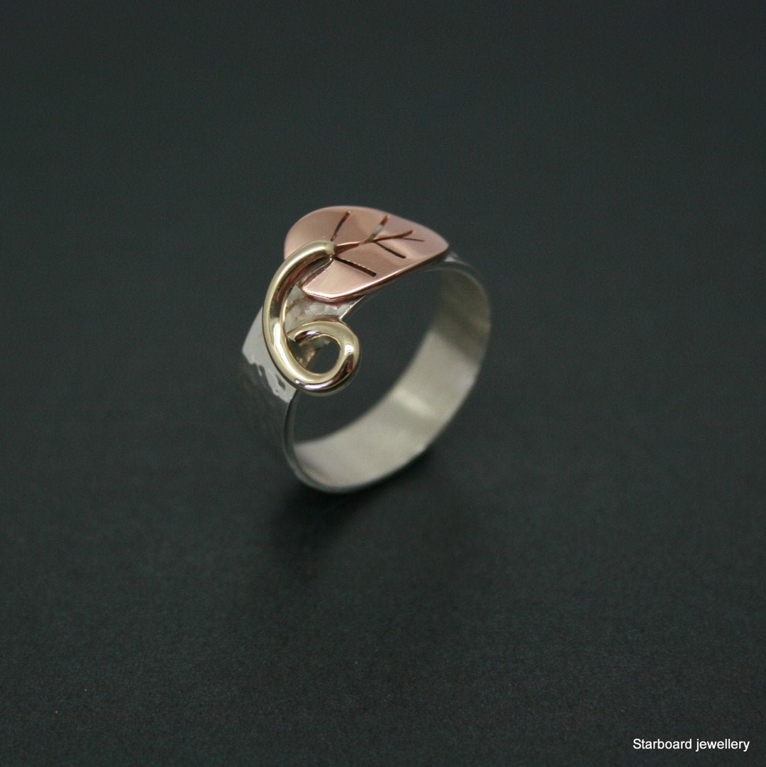 Silver and Copper Fancy Leaf Ring With Brass Stem, Wedding Band, Silver ...