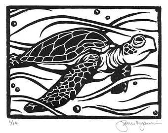 Turtle linocut print | Etsy