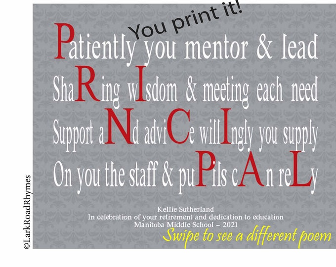 Printable Principal Gift, 8x10 Personalized Assistant Principal Poem ...