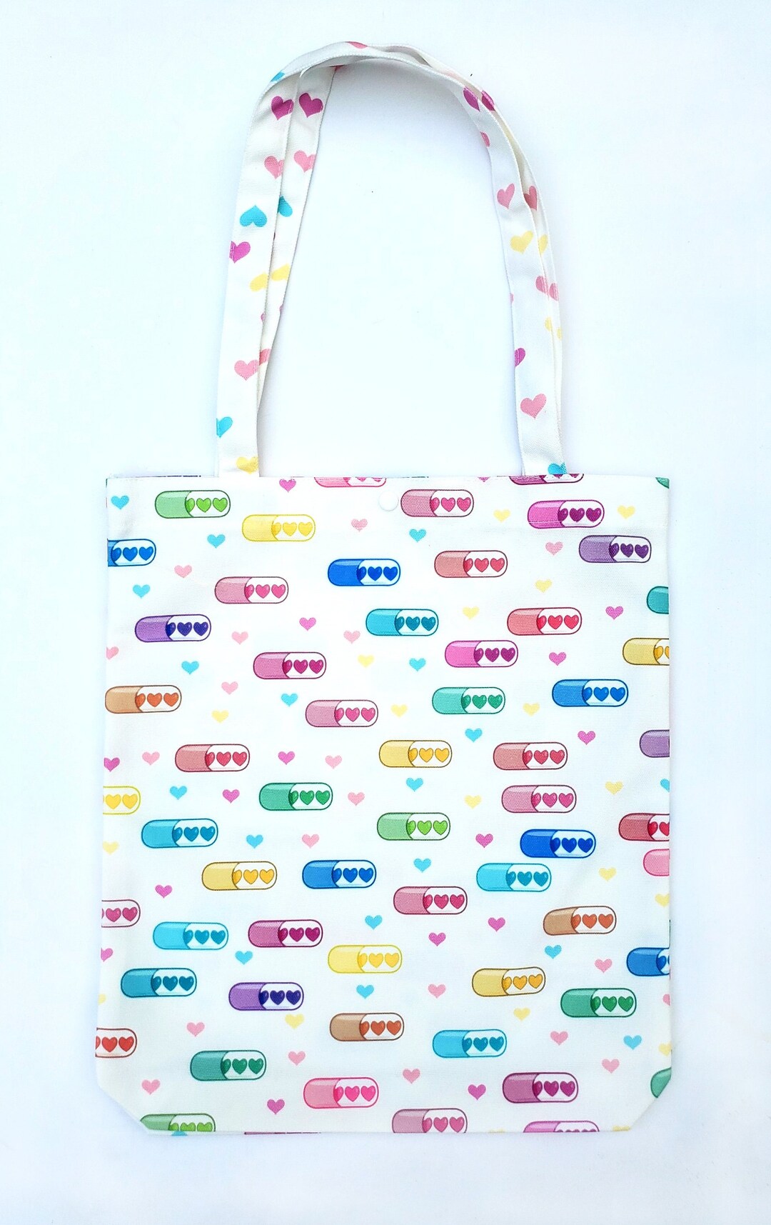 Cute Menhera Pill Tote Bag, Snap Button Canvas Tote, Kawaii Heart ...