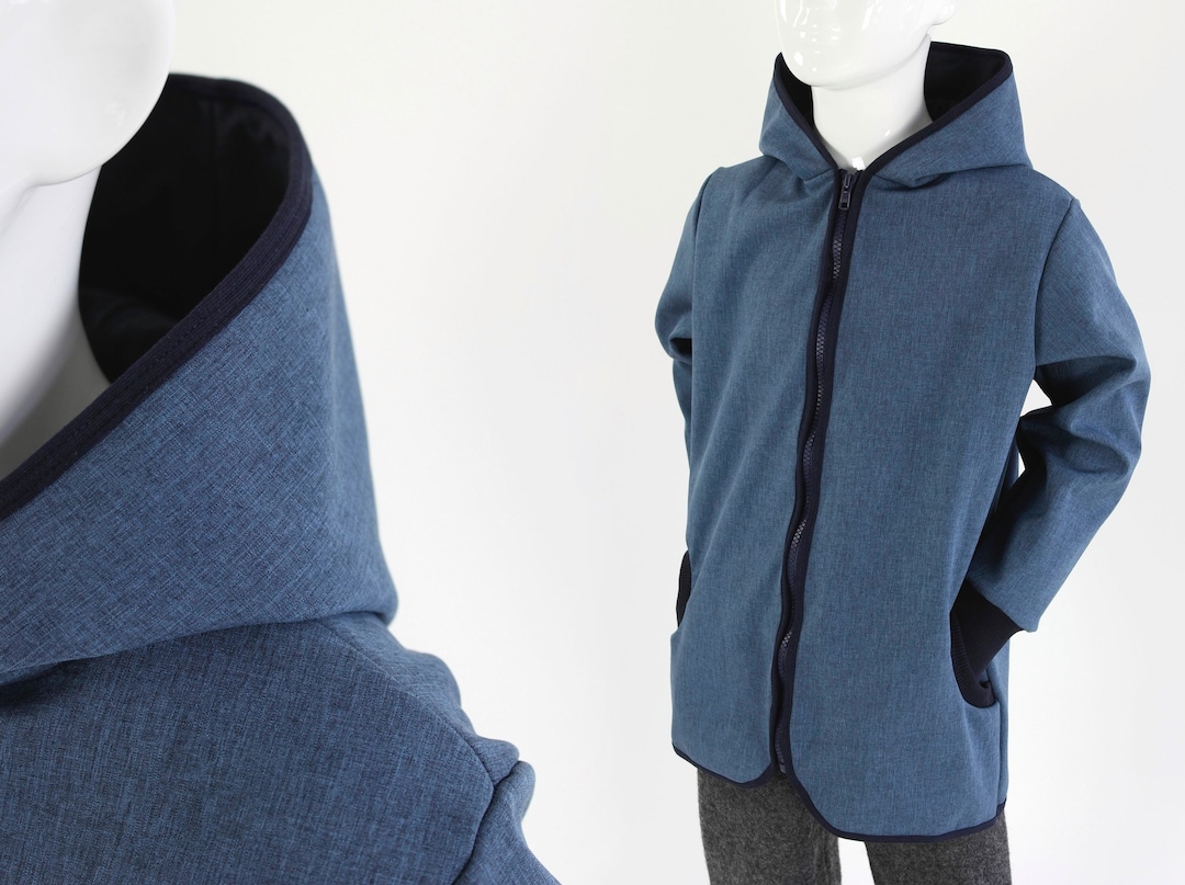 Children's Softshell Jacket in Mottled Blue and Navy Blue, With Hood ...