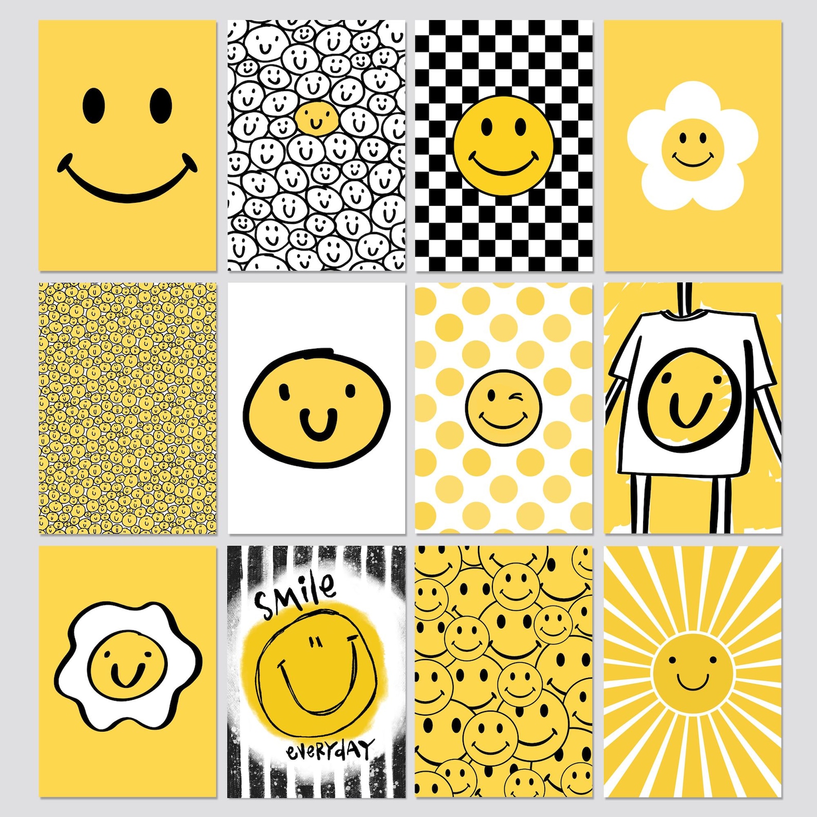 12 A4 Cool Smiley Digital Download Prints, Smiley Wall Art, Yellow Art ...