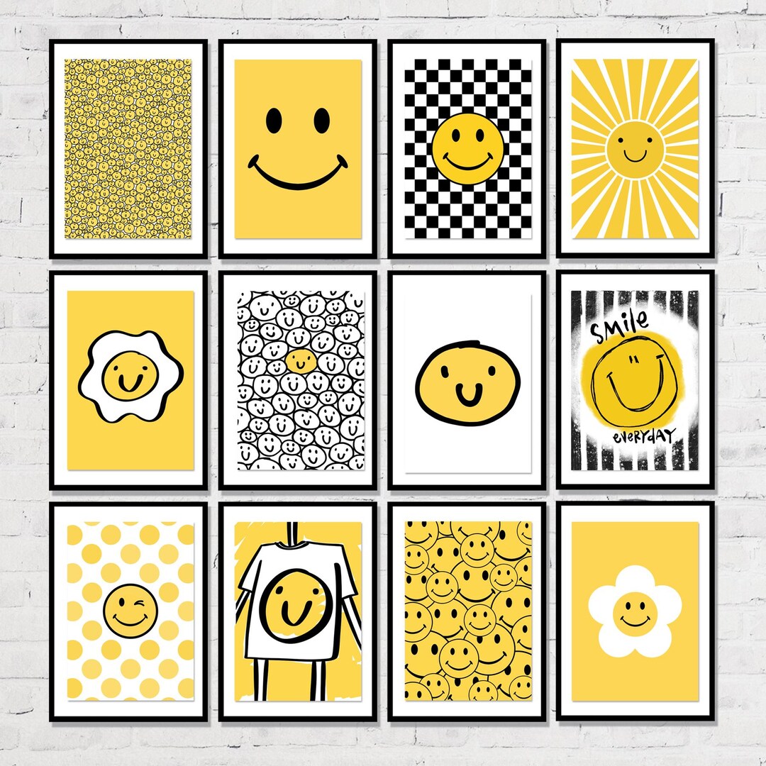 12 A4 Cool Smiley Digital Download Prints, Smiley Wall Art, Yellow Art ...