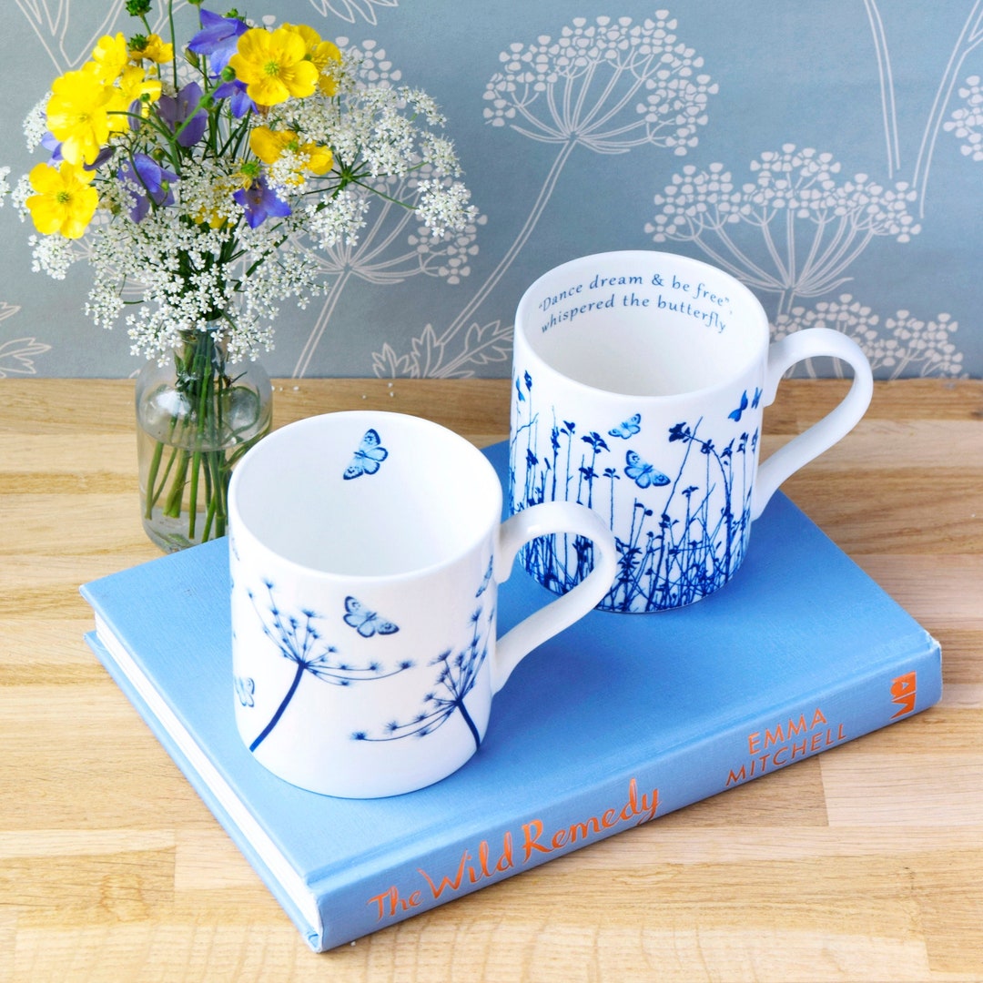 Fine Bone China Mugs Set of 2, Blue and White Bird, Butterfly, Meadow ...
