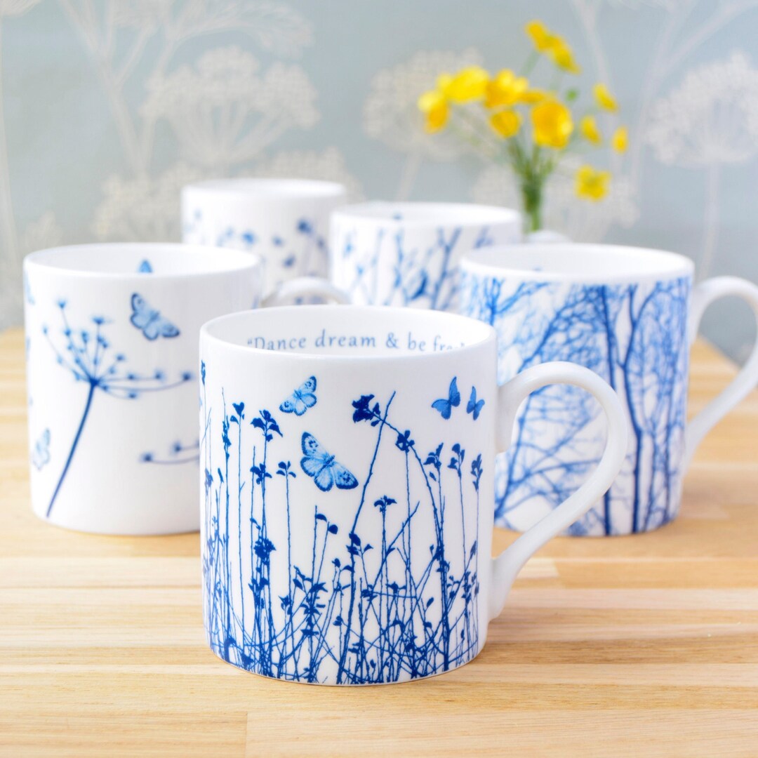 Set of 4 Fine Bone China Mug Offer, Blue and White Bone China, 270ml ...