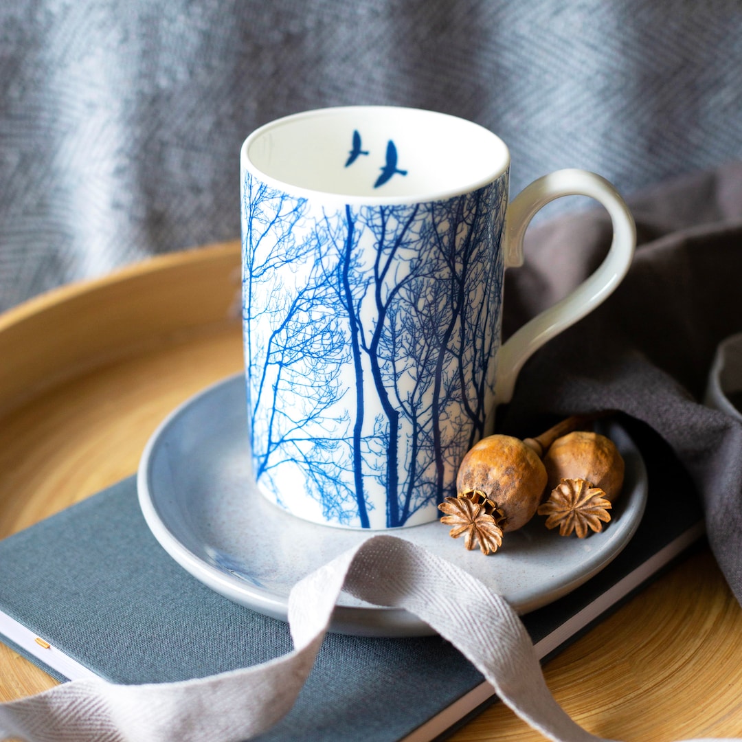 Large Fine Bone China Branch Mug, Blue and White China Mugs, Gifts for ...