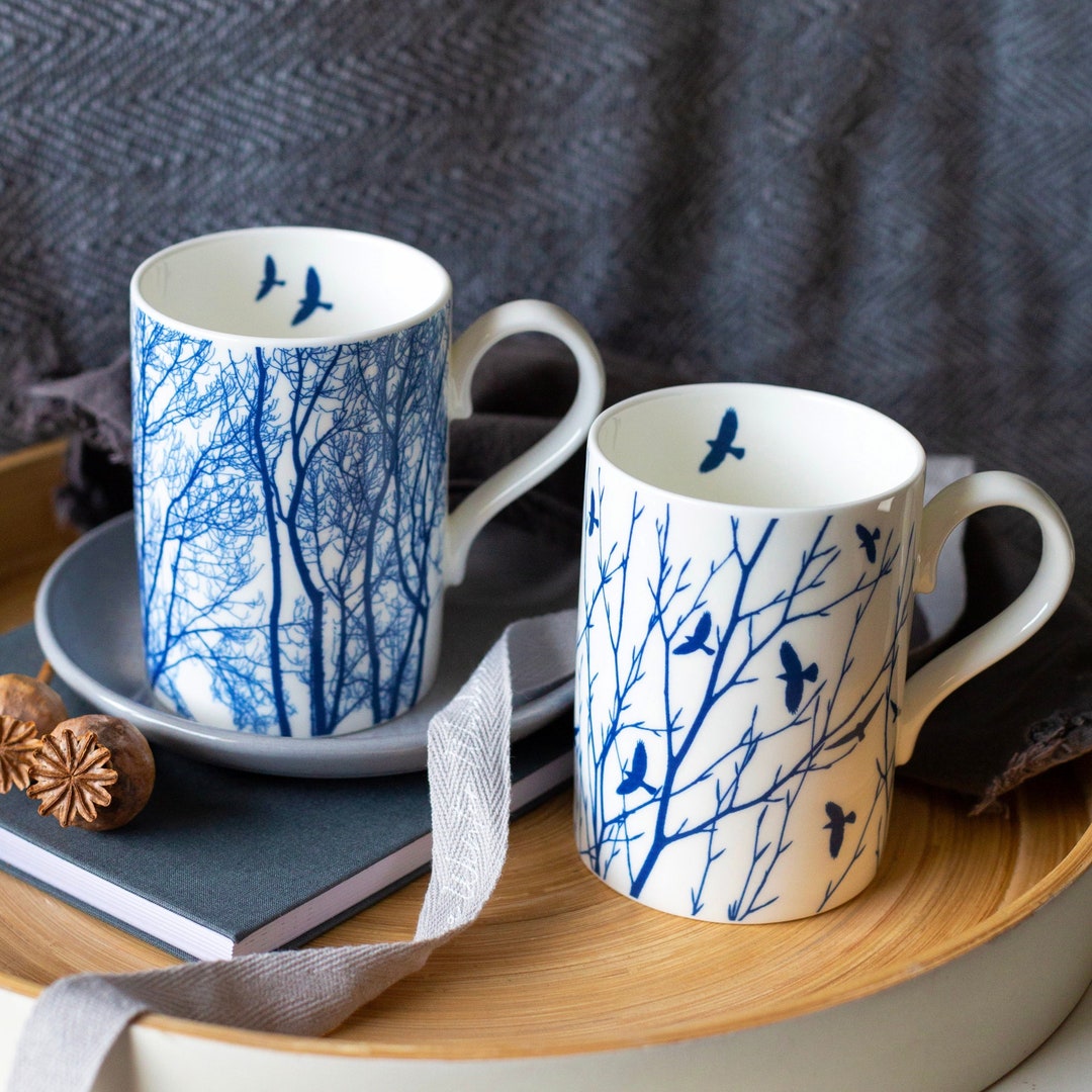 Set of 8 Large Fine Bone China Mug, Blue and White, 20th Anniversary ...