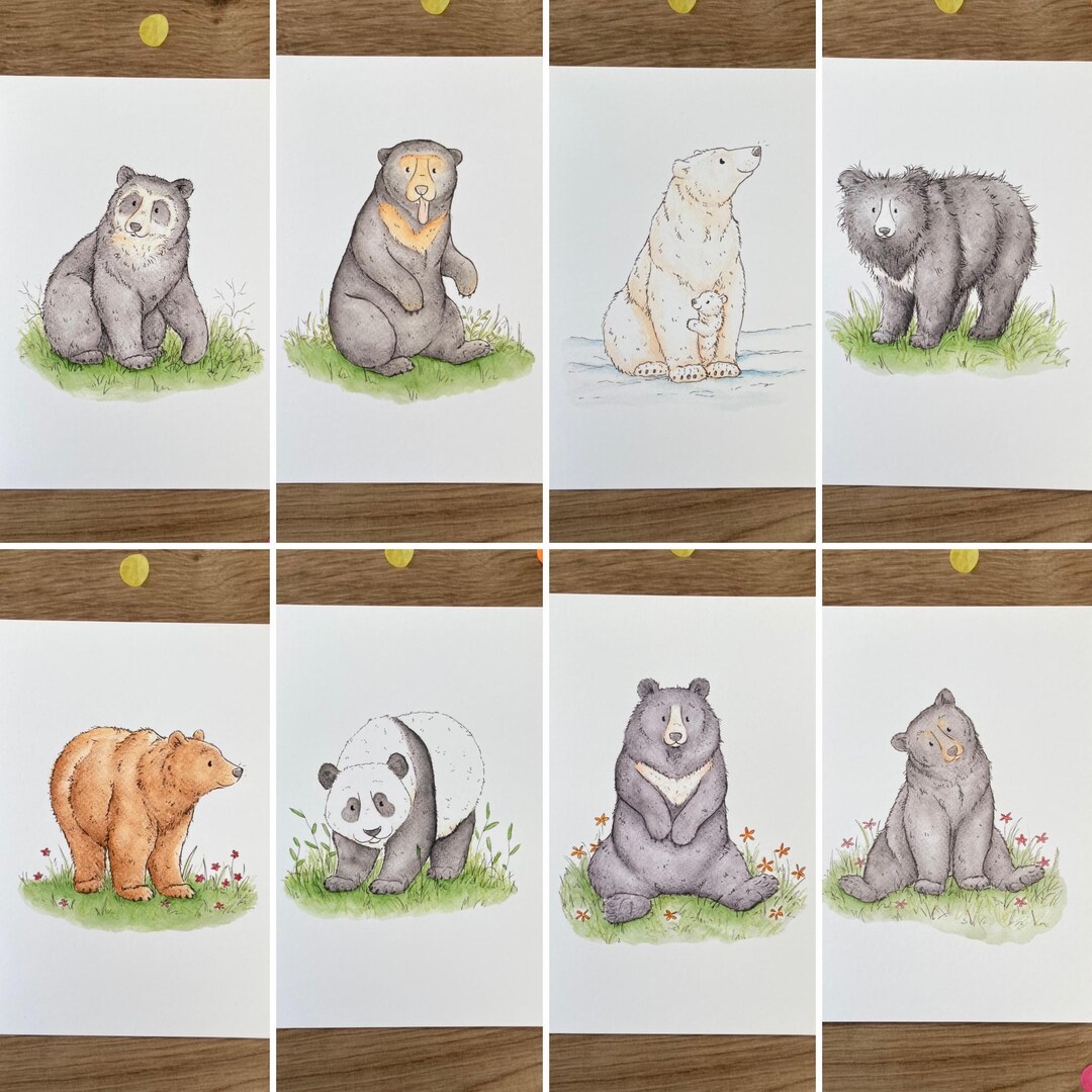 Bears of the World | Bear Art Print Pack of 8 | Watercolour Art Prints ...