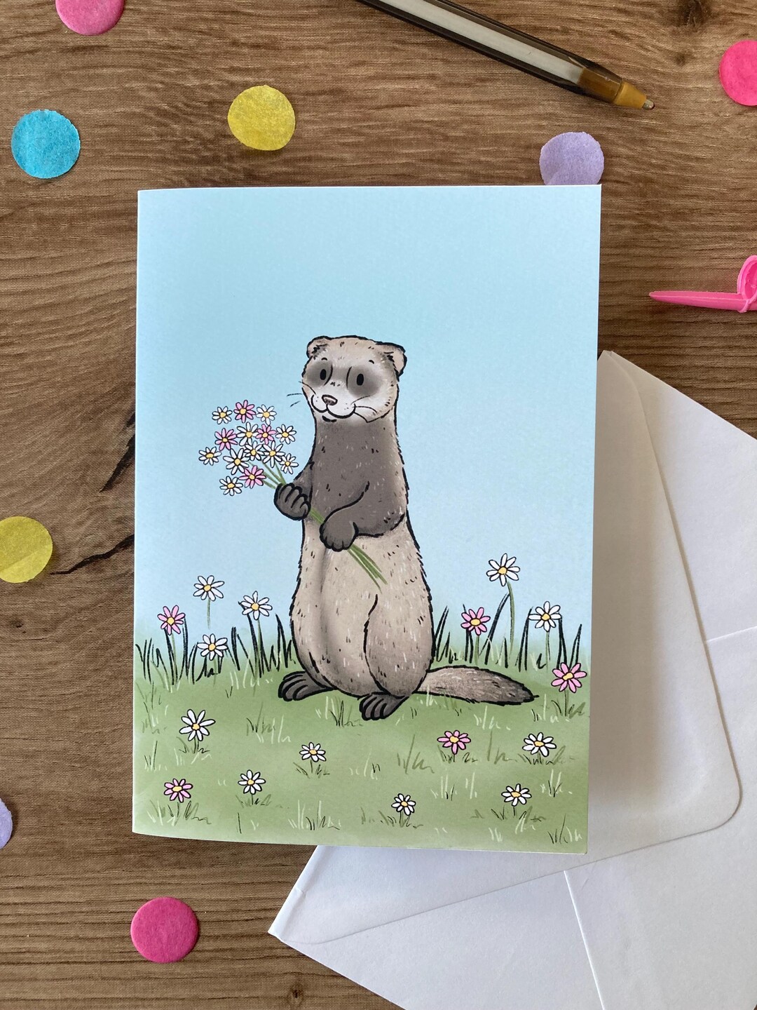 Ferret With Flowers Cute Ferret Greeting Card Pet Ferret Blank Greeting ...