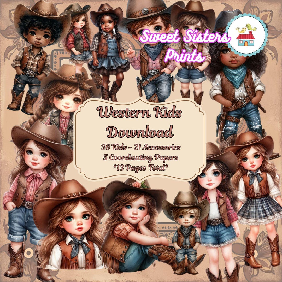 Cute Western Kids Download for Art Journals, Junk Journals, Collage ...