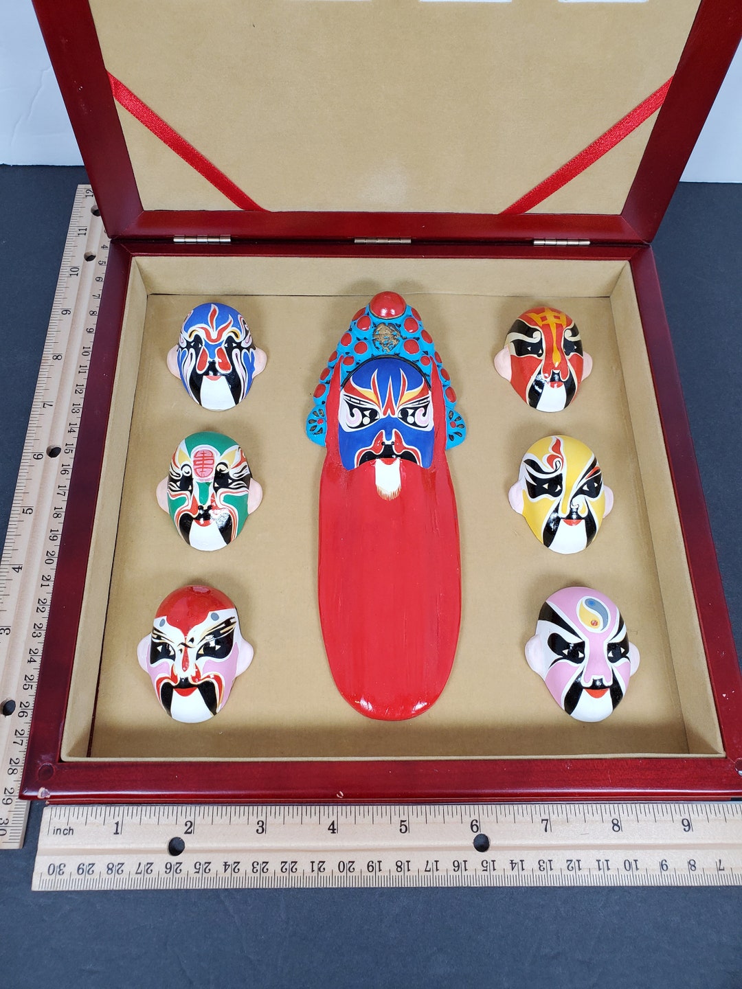 Chinese Theater Opera Masks Miniature in Wood Display Case Very Unusual ...