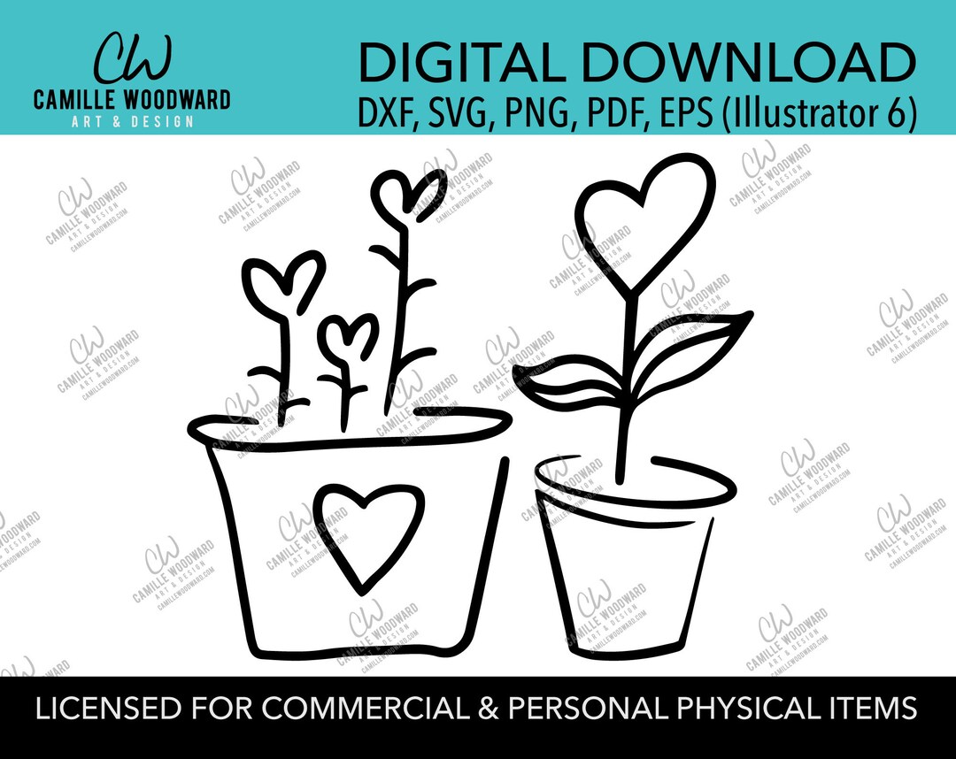 Potted Plants Sprouting Love Heart Flowers Black & White Clip Art, SVG ...