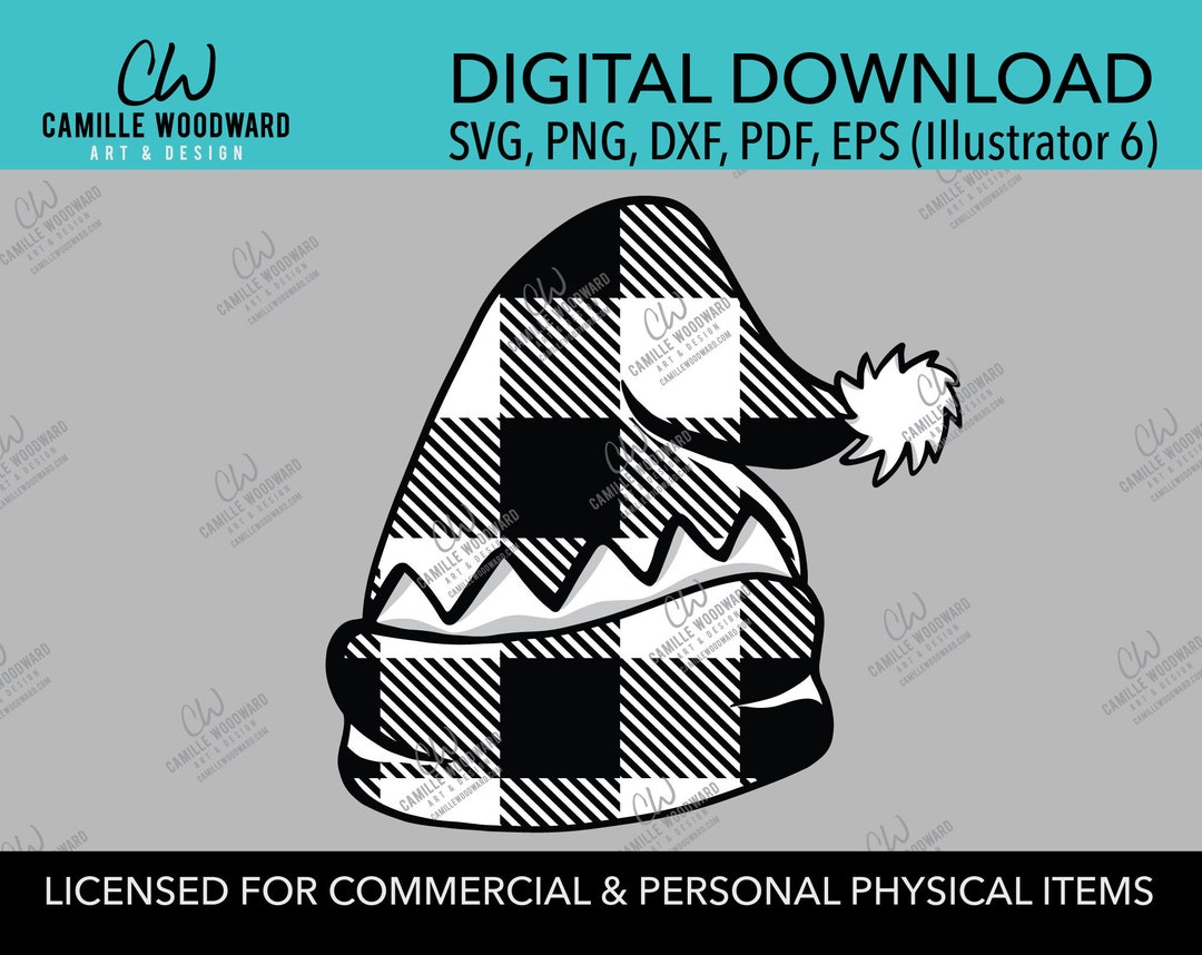 Buffalo Plaid Santa Hat Black White Clip Art, SVG, PNG - Sublimation ...