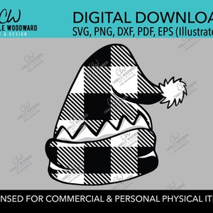 Buffalo Plaid Santa Hat Black White Clip Art, SVG, PNG - Sublimation ...