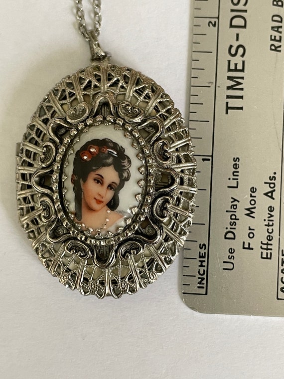 Vintage Silver Filigree Oval Portrait Locket with Cha… - Gem