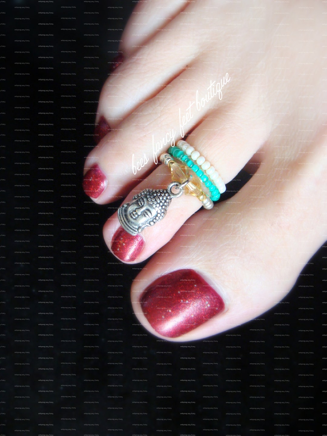 Buddha Head Charm Toe Ring, Turquoise Toe Ring, Cream Beads, Austrian ...