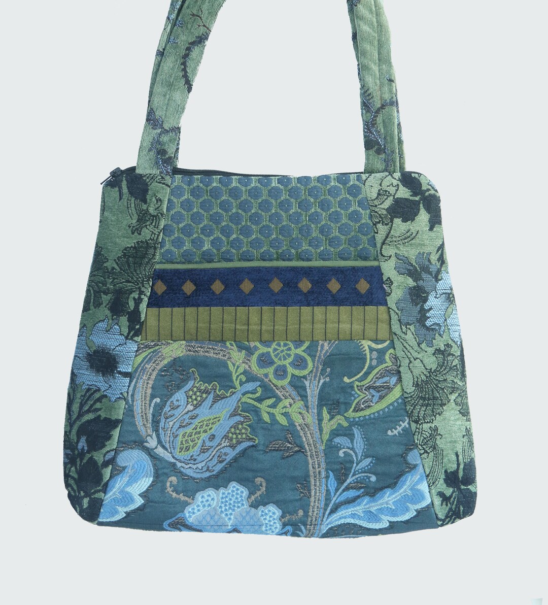 Tapestry Tote Bag in Blue and Green Floral Upholstery Fabric Large One ...