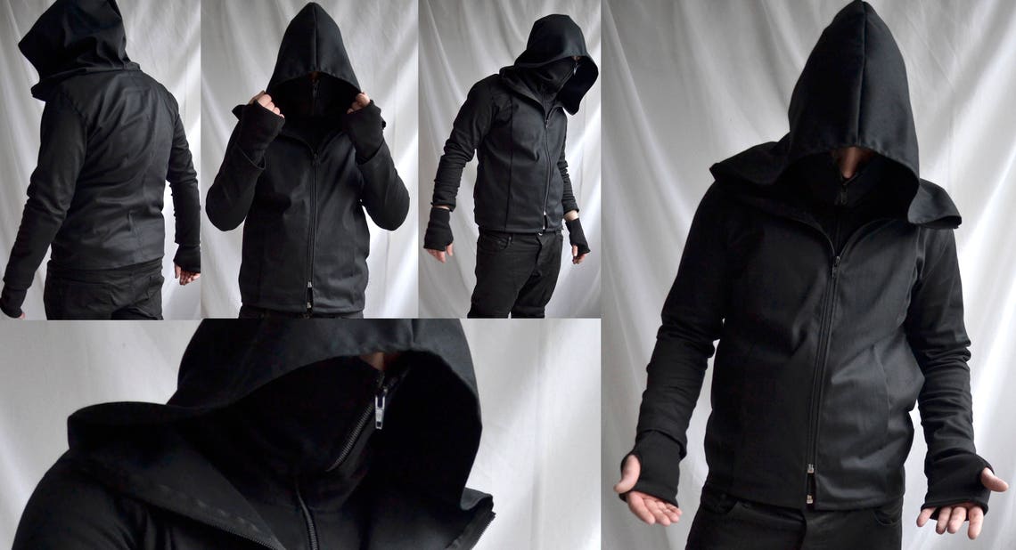 Dual Zipper Jacket Mens Dark Black Hoodie Large Hood Custom - Etsy