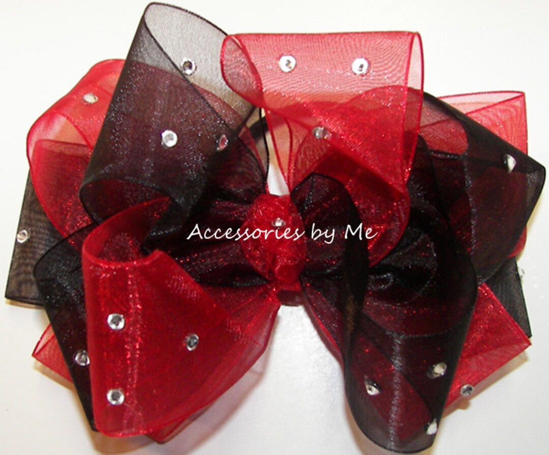 Glitzy Red Black Bow, Pageant Red Black Clip, Glitzy Red Black Organza ...