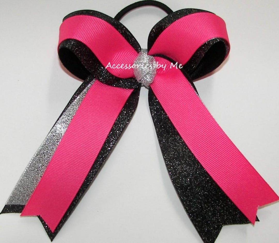 Hot Pink Silver Black Glitter Cheer Bow, Gymnastics Ponytail Ribbon ...