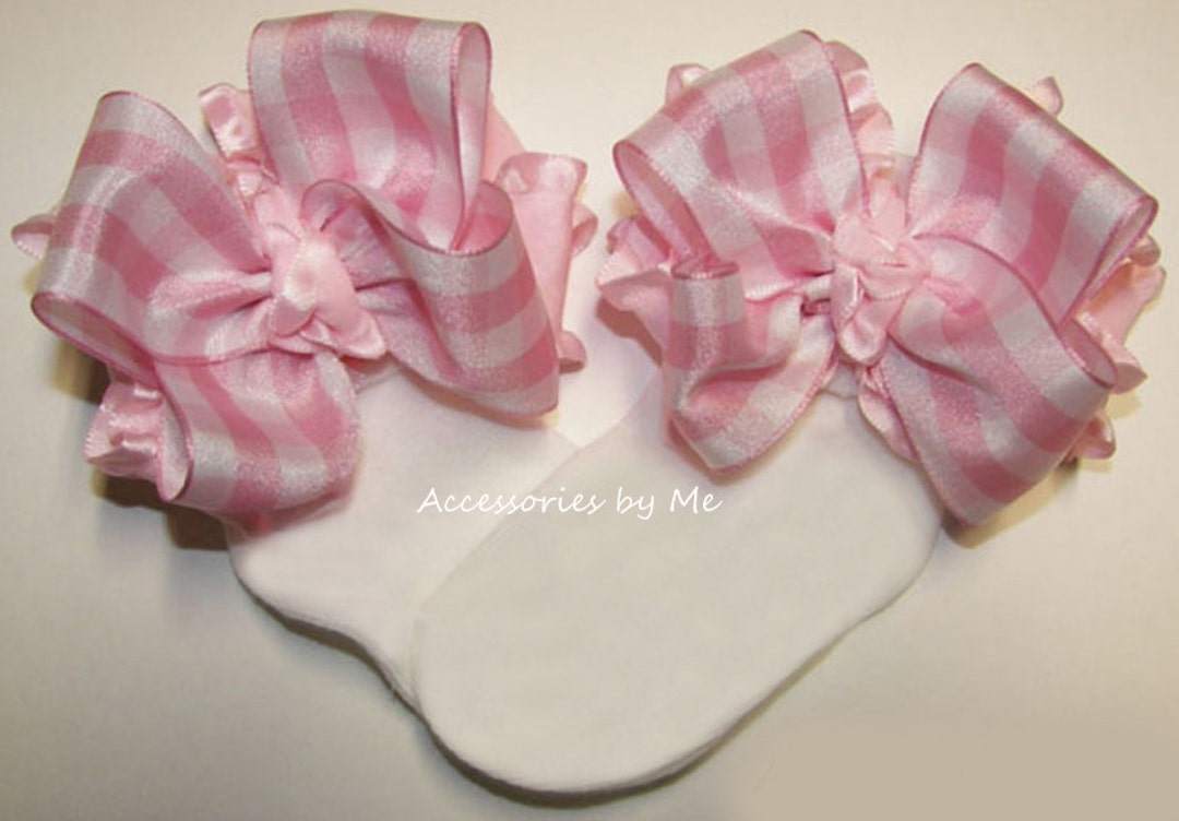 Pink Ruffle Bow Socks, Pink Gingham Bow Socks, Frilly Baby Gingham ...